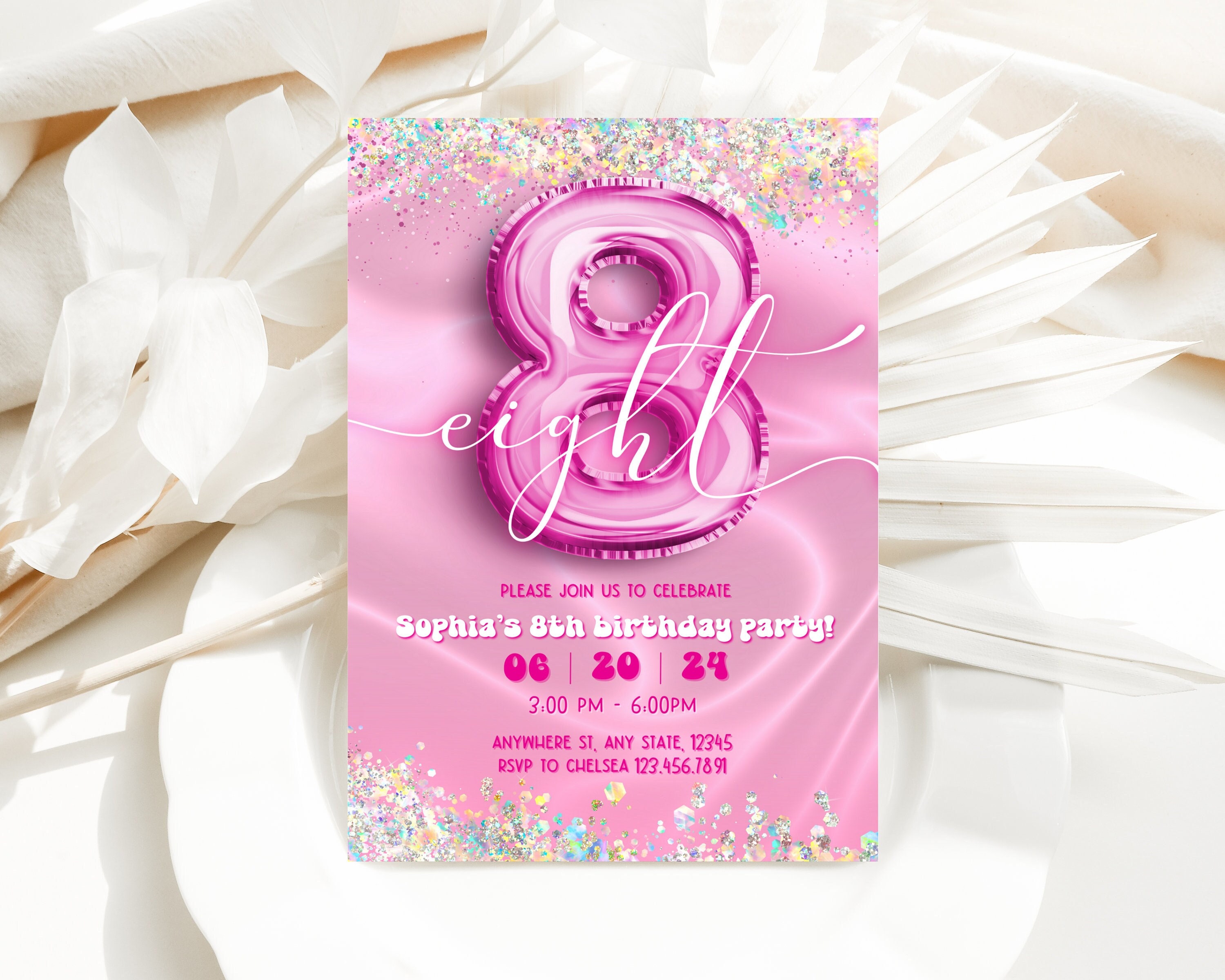 Editable 8th Birthday Invitation With Photo, Glitter Foil Balloon ...