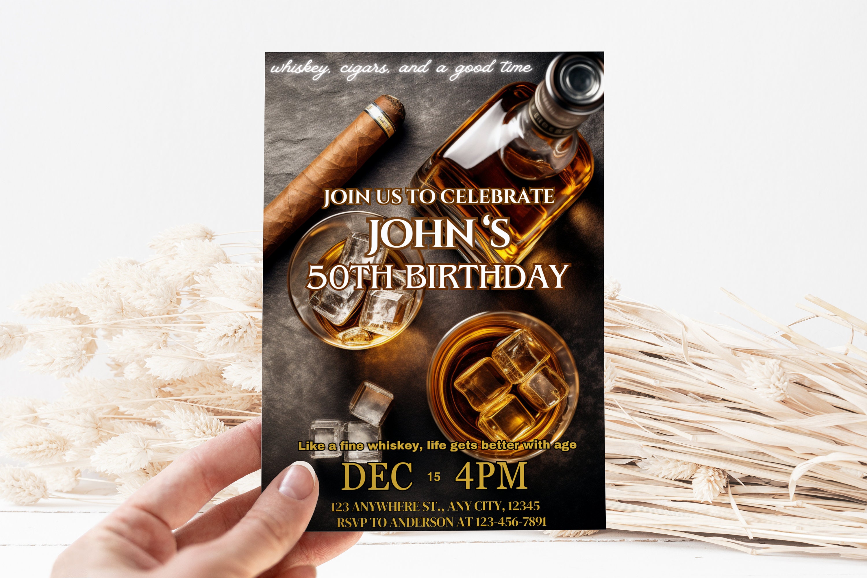 Whiskey Party Birthday Invitation, Cigars and Whiskey Invite, Digital ...