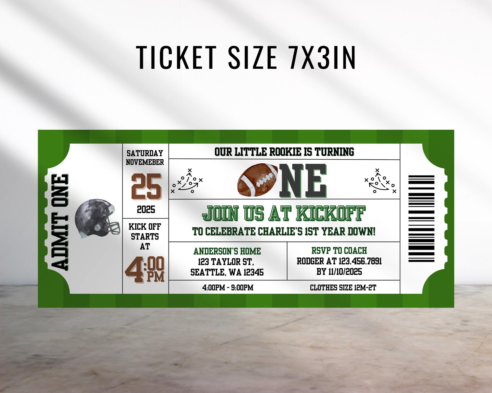 Football 1st Birthday Invitation Ticket Stub, First Year Down, Game on ...