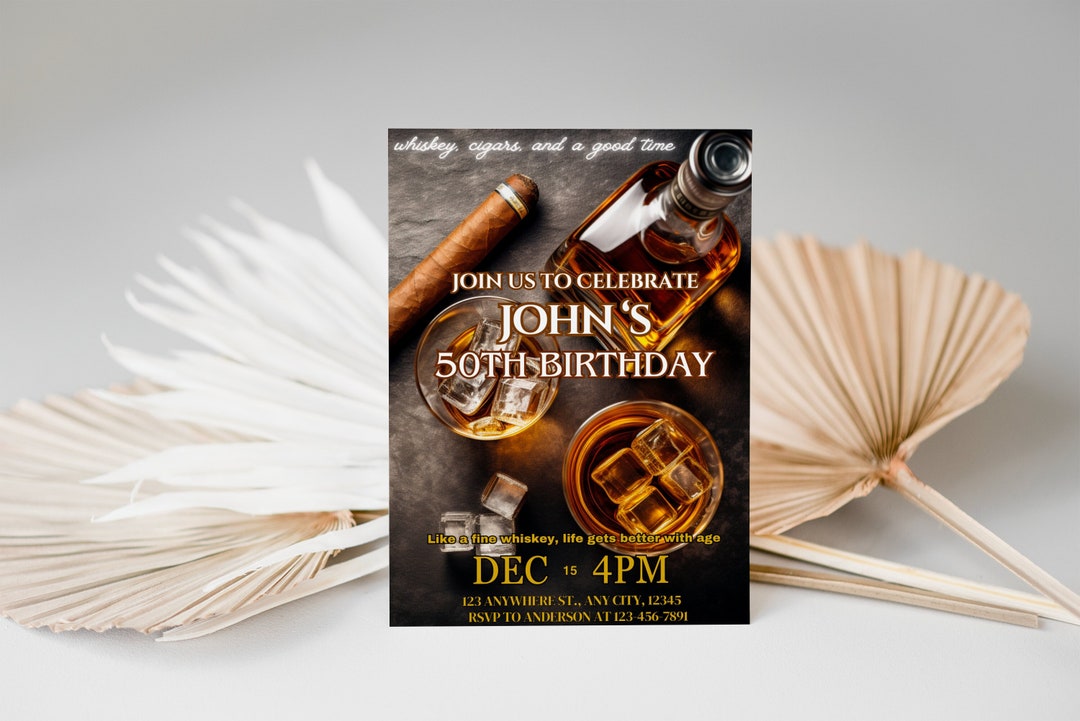 Whiskey Party Birthday Invitation, Cigars and Whiskey Invite, Digital ...