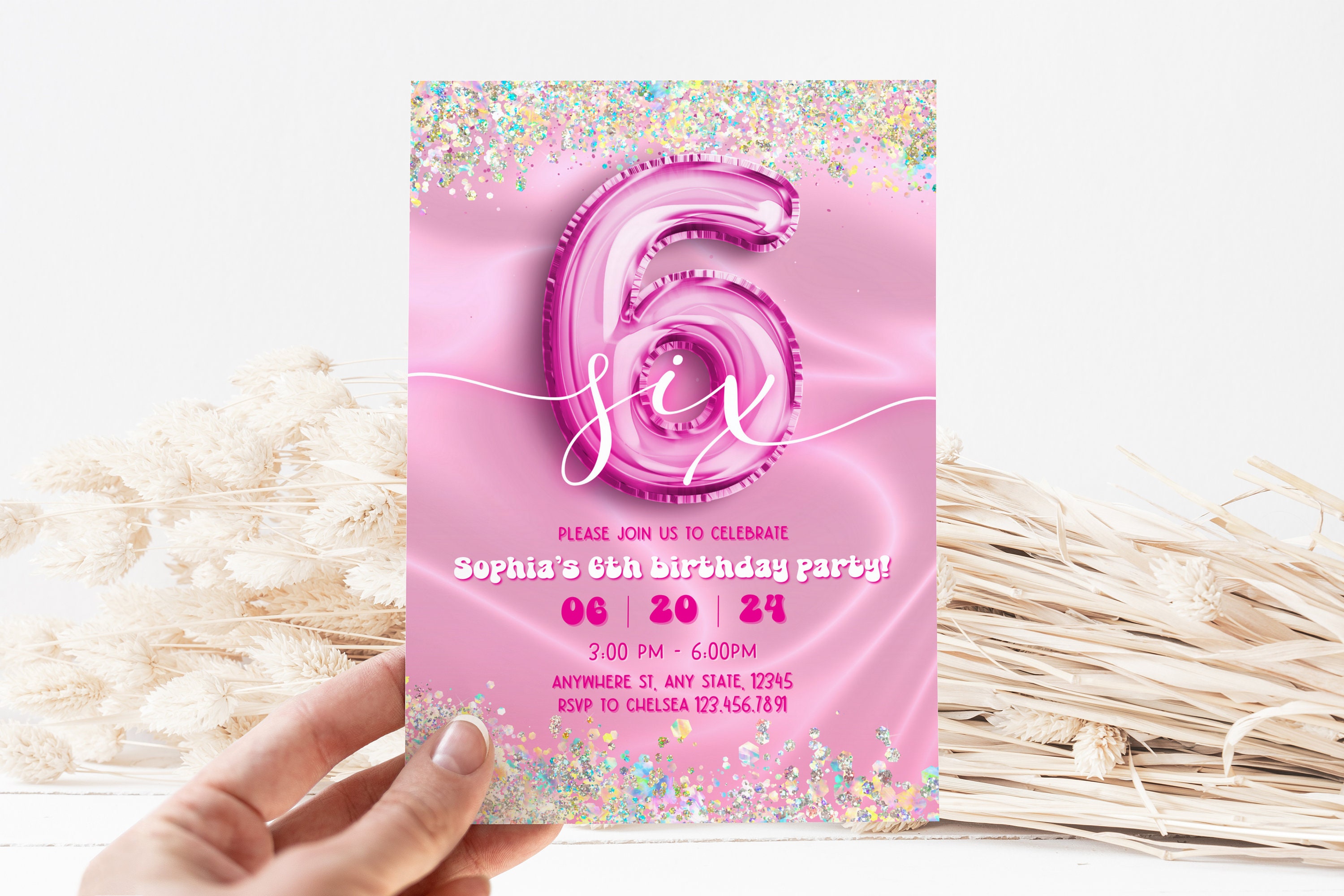 Editable 6th Pink Birthday Invitation, Glitter Balloon Birthday Party ...