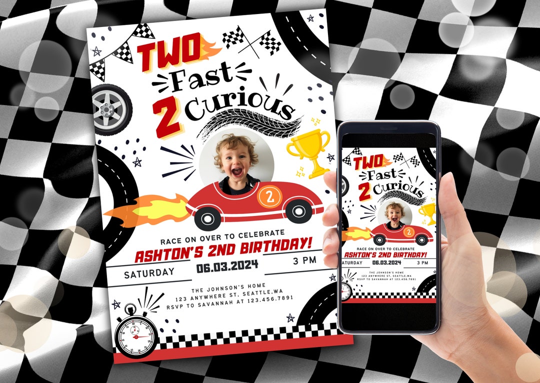Two Fast Birthday Invite, Growing up Two Fast Boy Race Car 2nd Birthday ...
