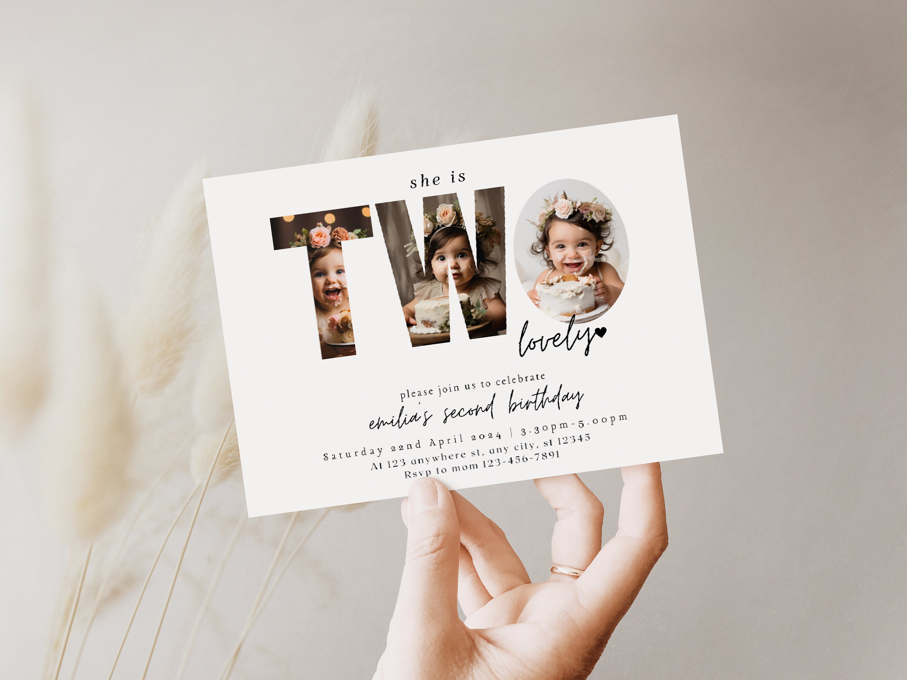 Editable Second Birthday Photo Invitation, Minimal 2nd Birthday ...