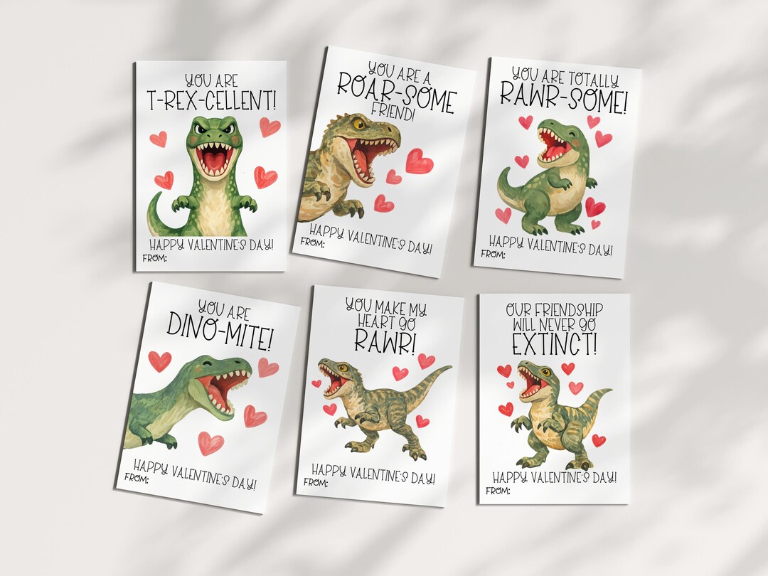 Dinosaur Valentine's Day Cards for Kids, T Rex Kids Classroom Valentine ...