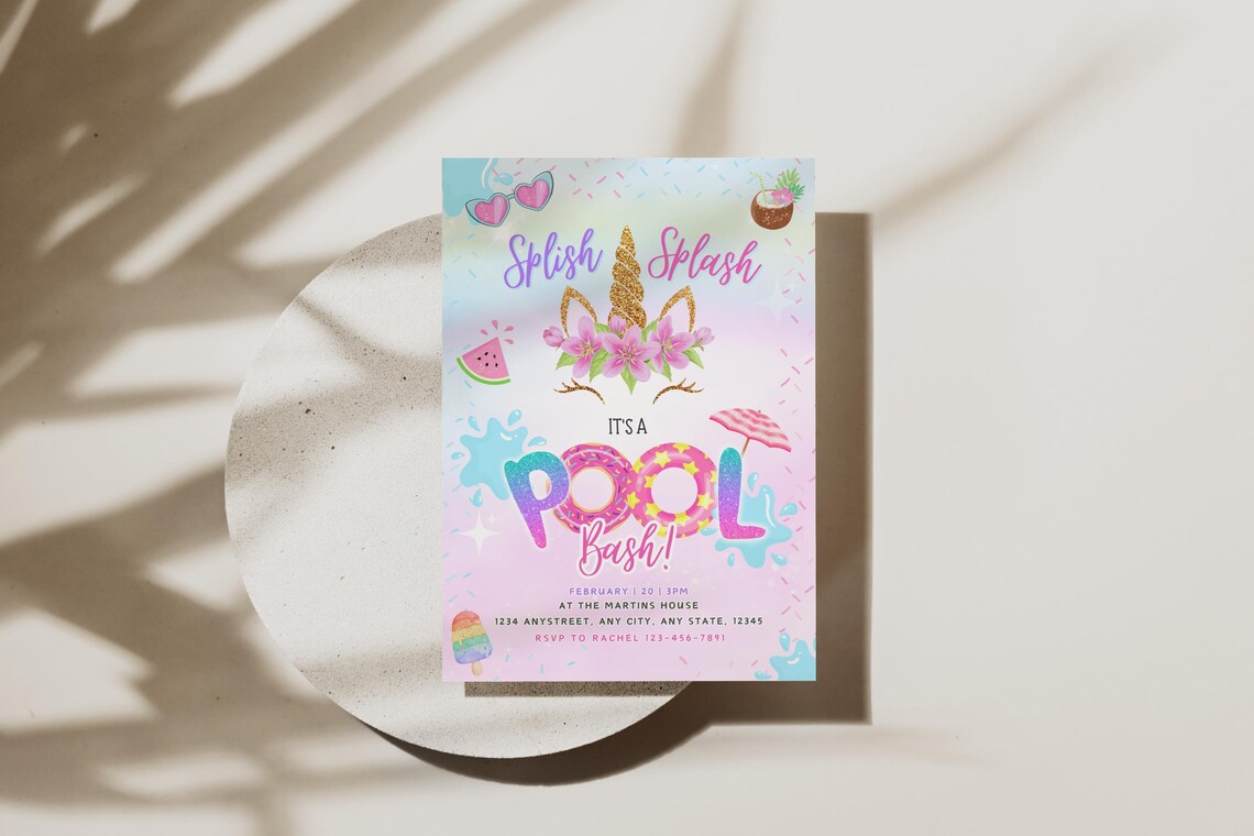 Pool Party Invitation Girl, Pool Party Unicorn Invitation, Digital ...