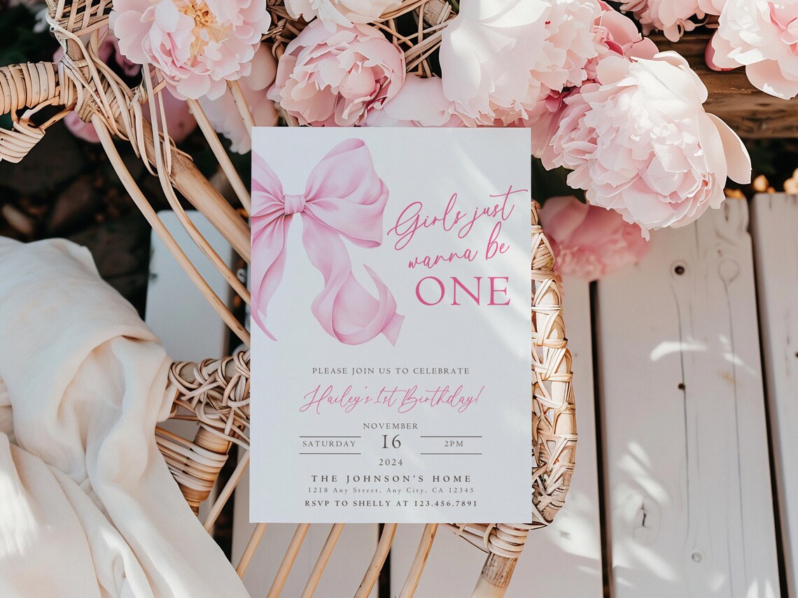 Girls Just Wanna Be One Birthday Invite, Coquette Pink Bow First ...