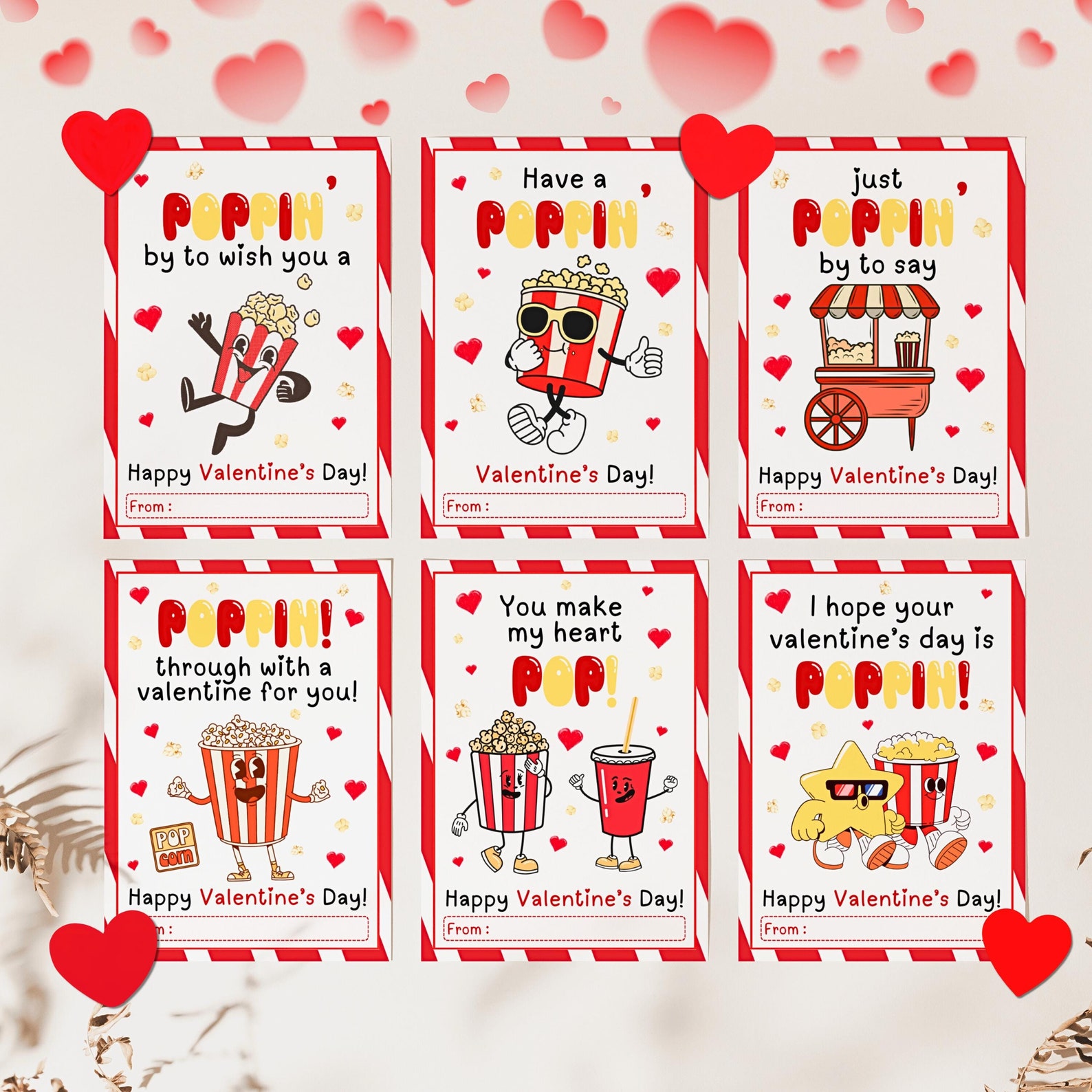 Popcorn Valentine's Day Cards for Kids, Kids Valentine Cards, Popcorn ...