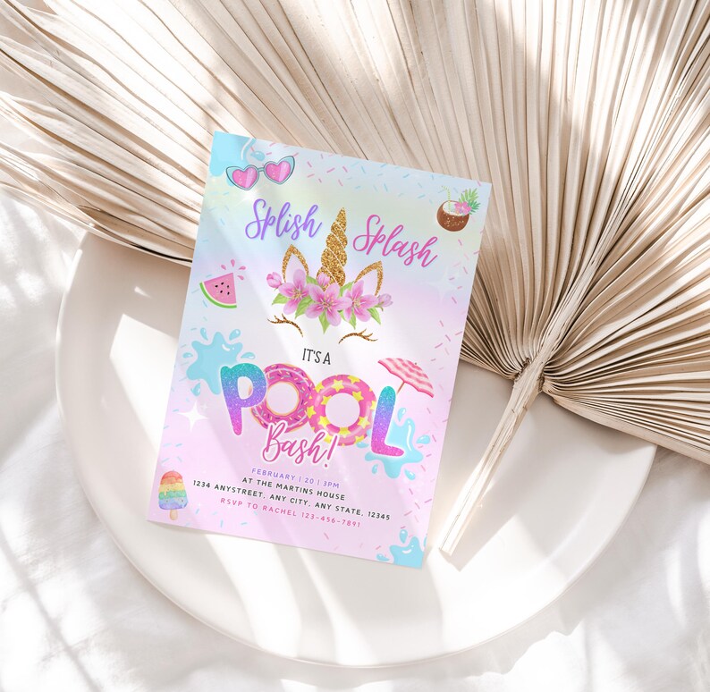 Pool Party Invitation Girl, Pool Party Unicorn Invitation, Digital ...