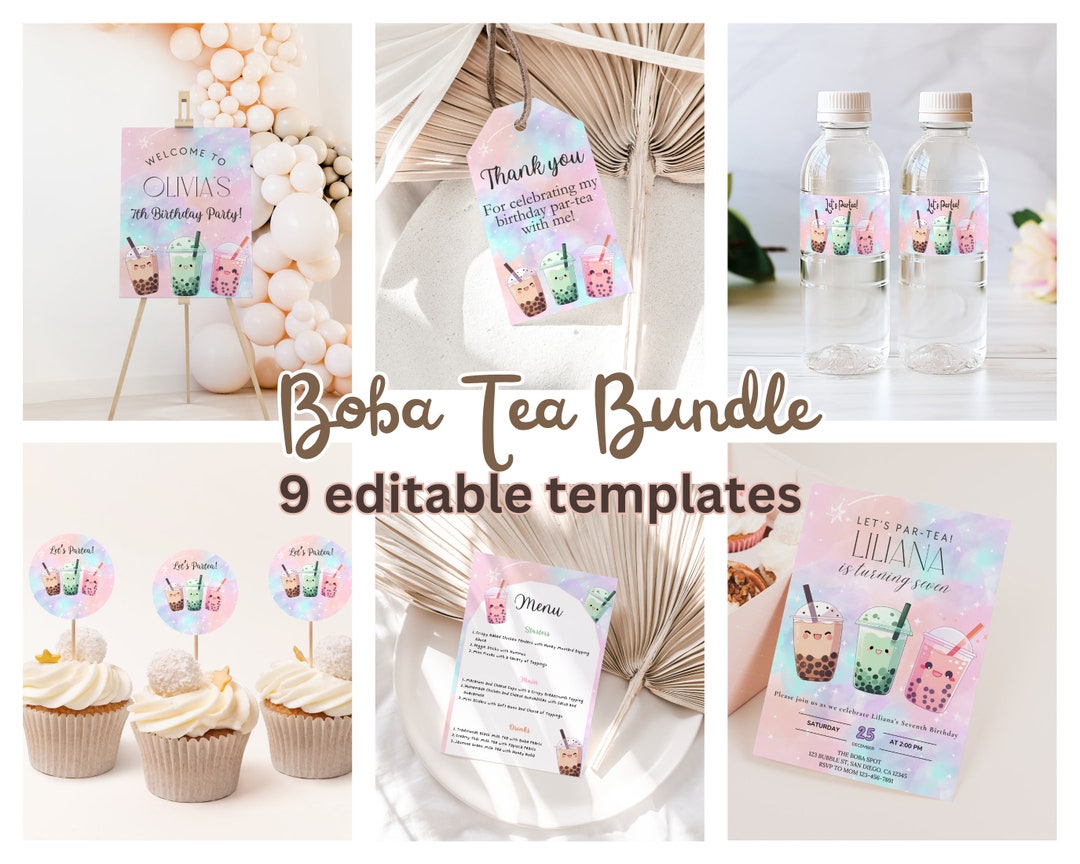 Self-editable Boba Tea Birthday Bundle Invite Tags Signs Cupcake ...
