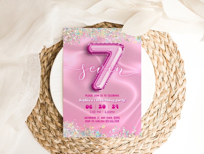 Editable 7th Pink Birthday Invitation, Glitter Balloon Birthday Party ...