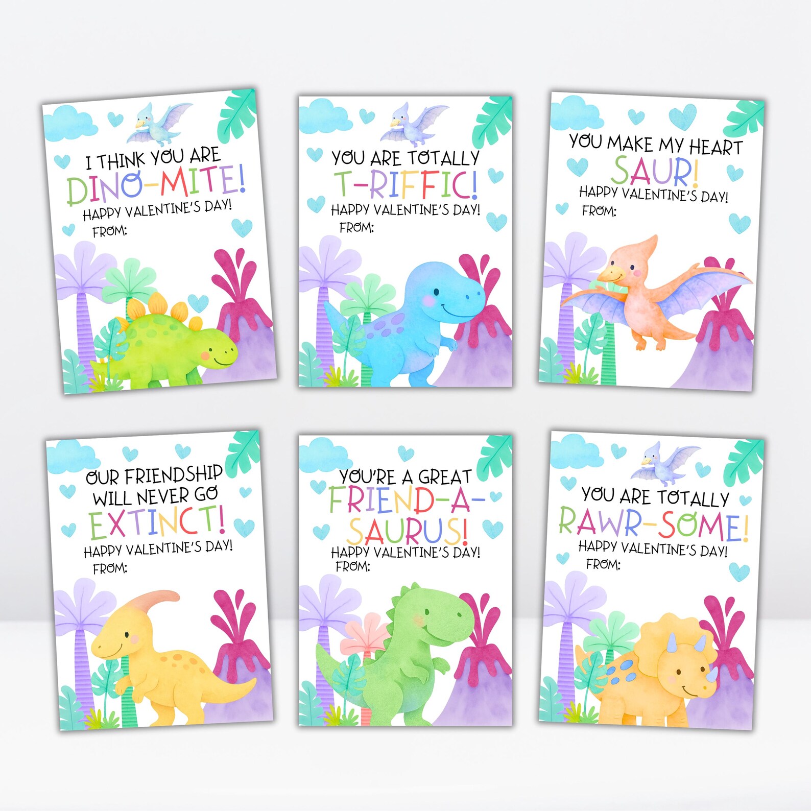 Dinosaur Valentine's Day Cards for Kids, Kids Classroom Valentine Cards ...