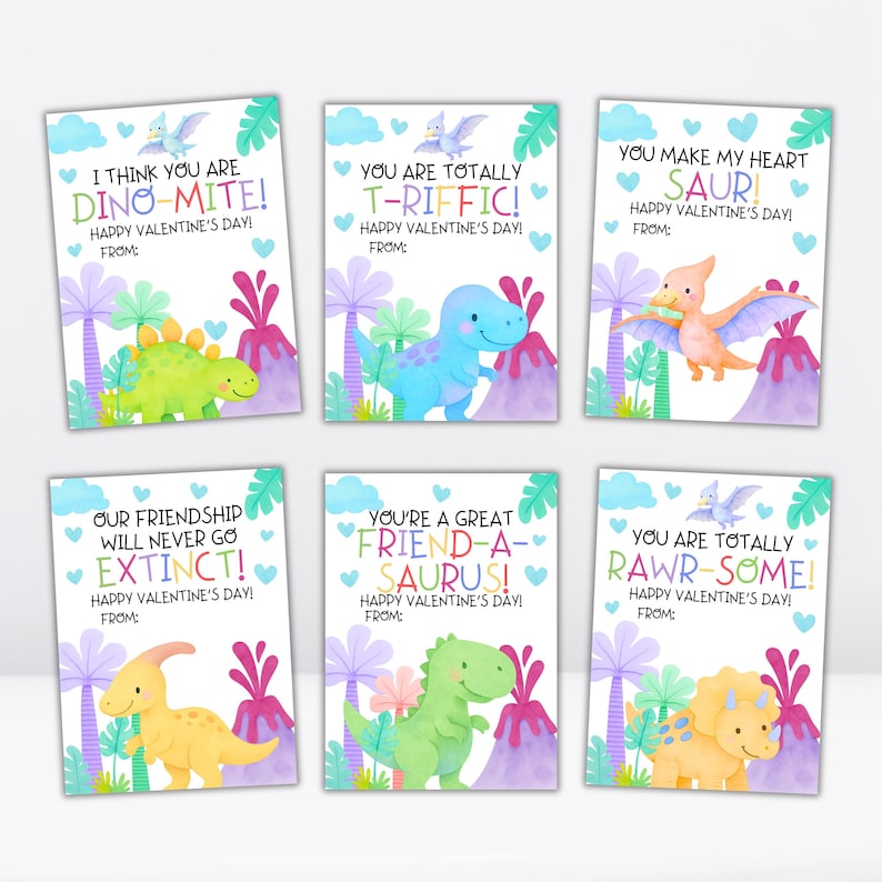 Dinosaur Valentine's Day Cards for Kids, Kids Classroom Valentine Cards ...