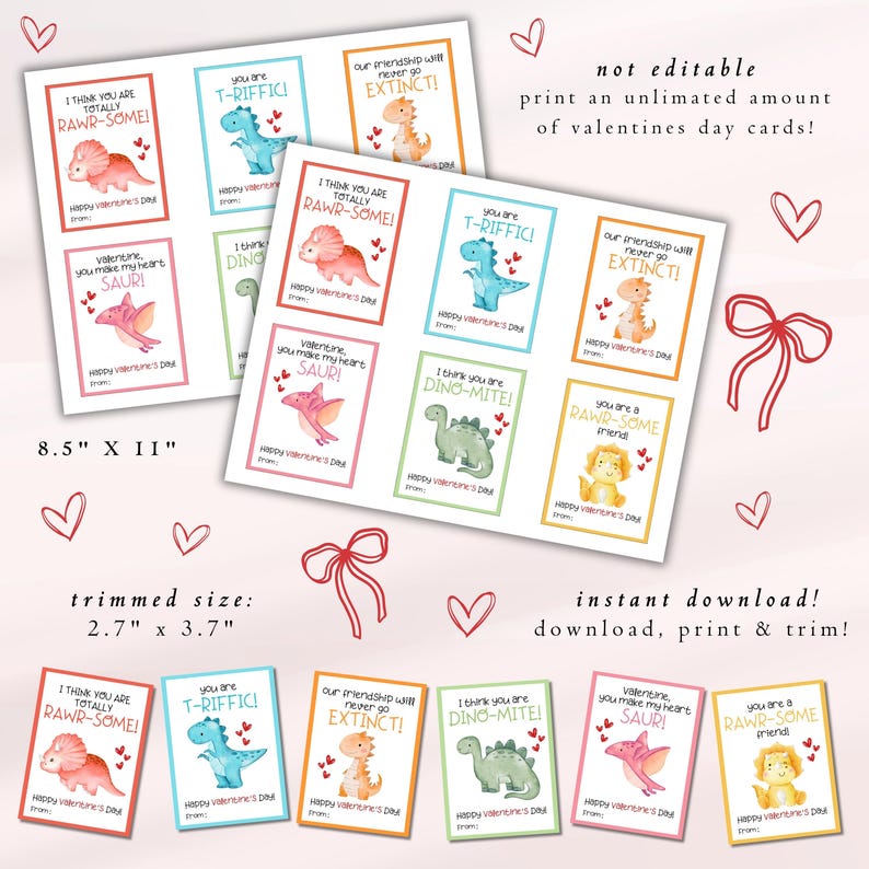 Dinosaur Valentine's Day Cards for Kids, Kids Valentine Cards, Dino ...