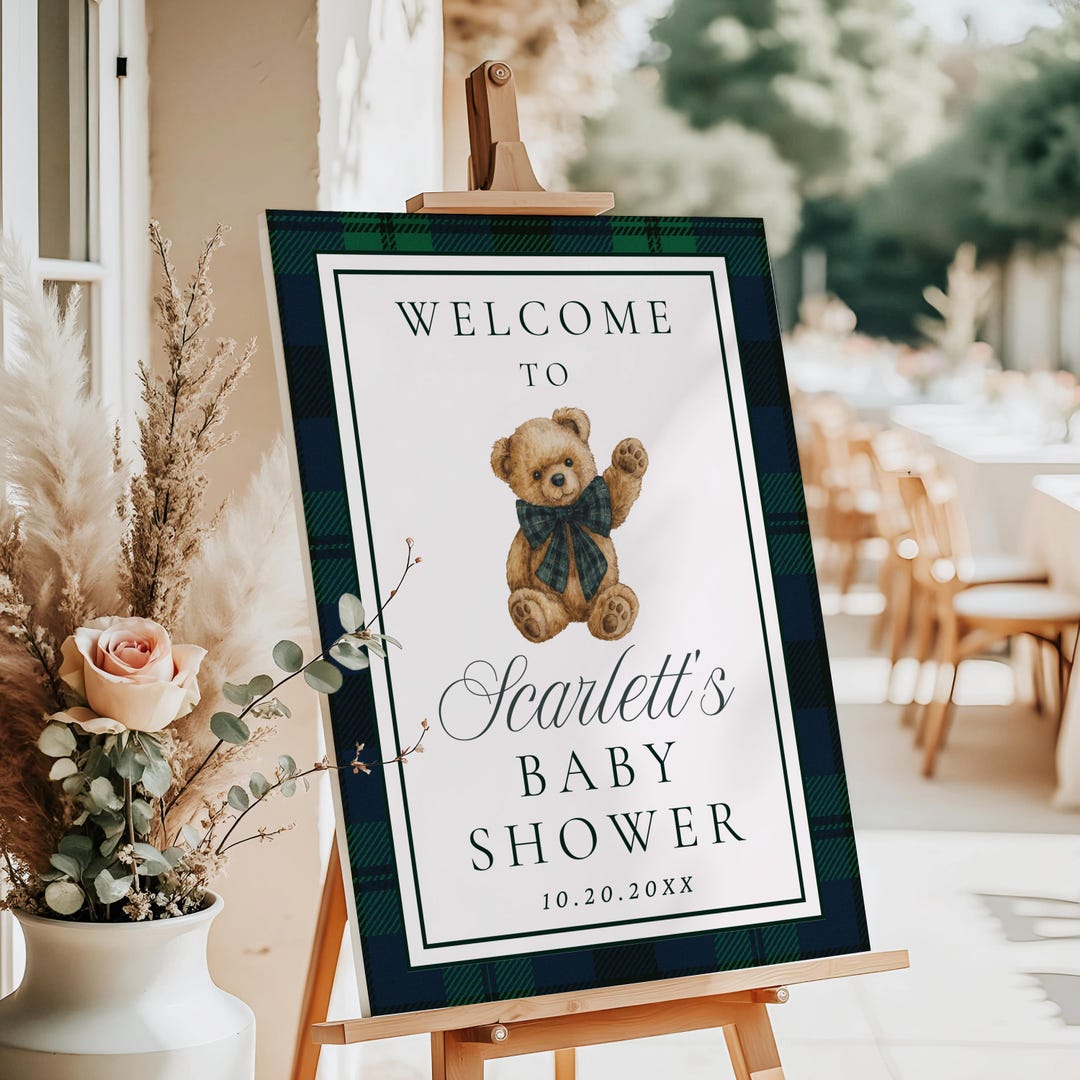 Teddy Bear Baby Shower Welcome Sign, Gender Neutral Classic Tartan ...