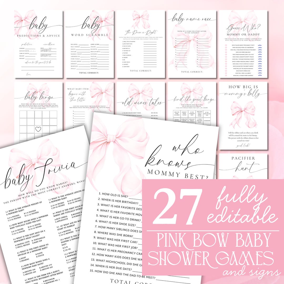 Pink Bow Baby Shower Games Bundle, Coquette Baby Girl Baby Shower Games ...