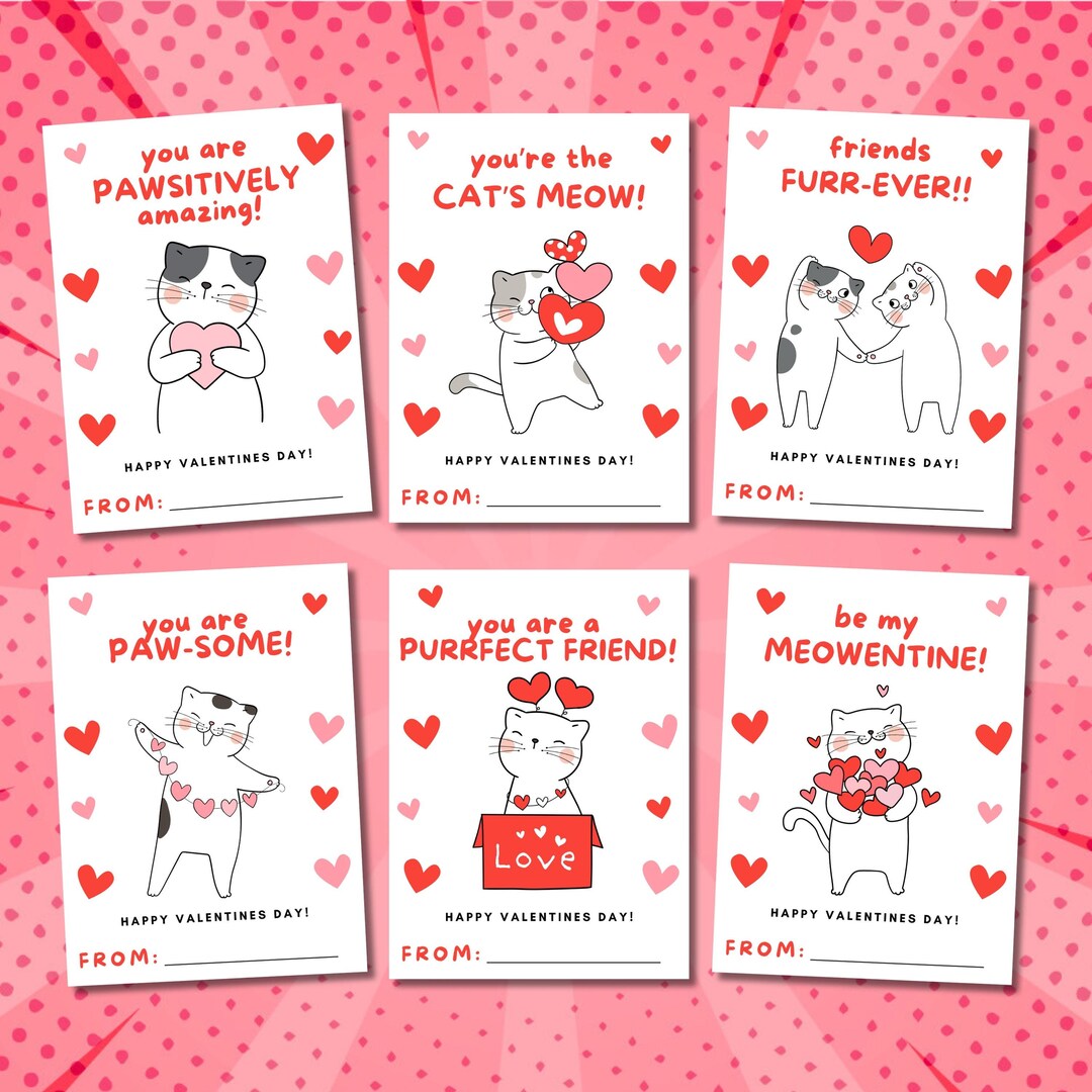 Cat Valentine's Day Cards, Kitten Valentines Cards, Printable Classroom ...