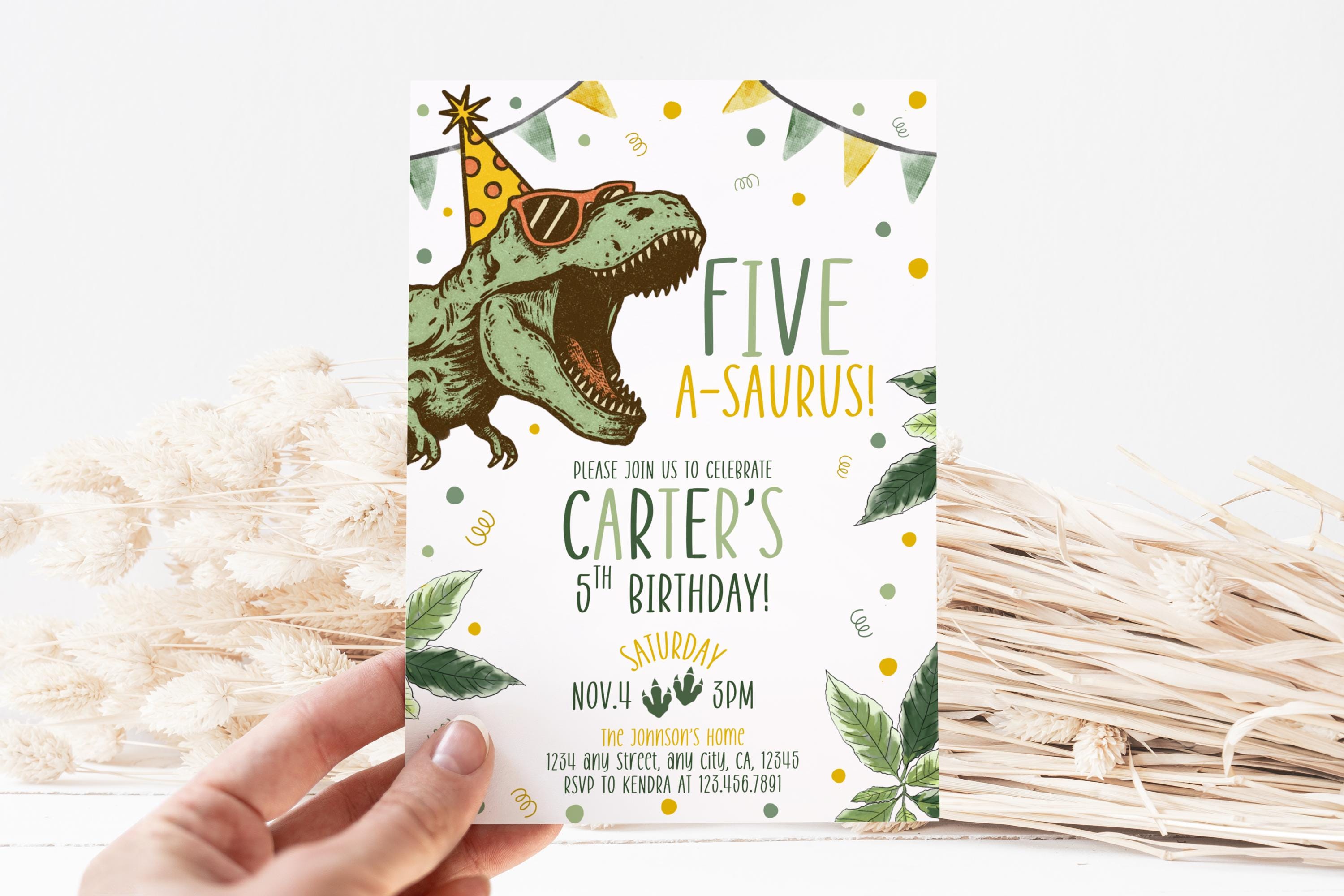 Five A-saurus Birthday Invitation, Dinosaur 5th Birthday Invite, T-rex ...