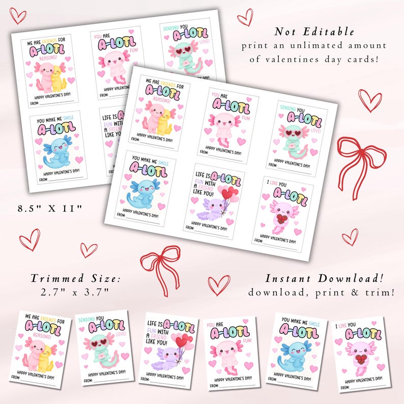 Axolotl Valentine's Day Cards, Axolotl Valentines Cards, Printable ...