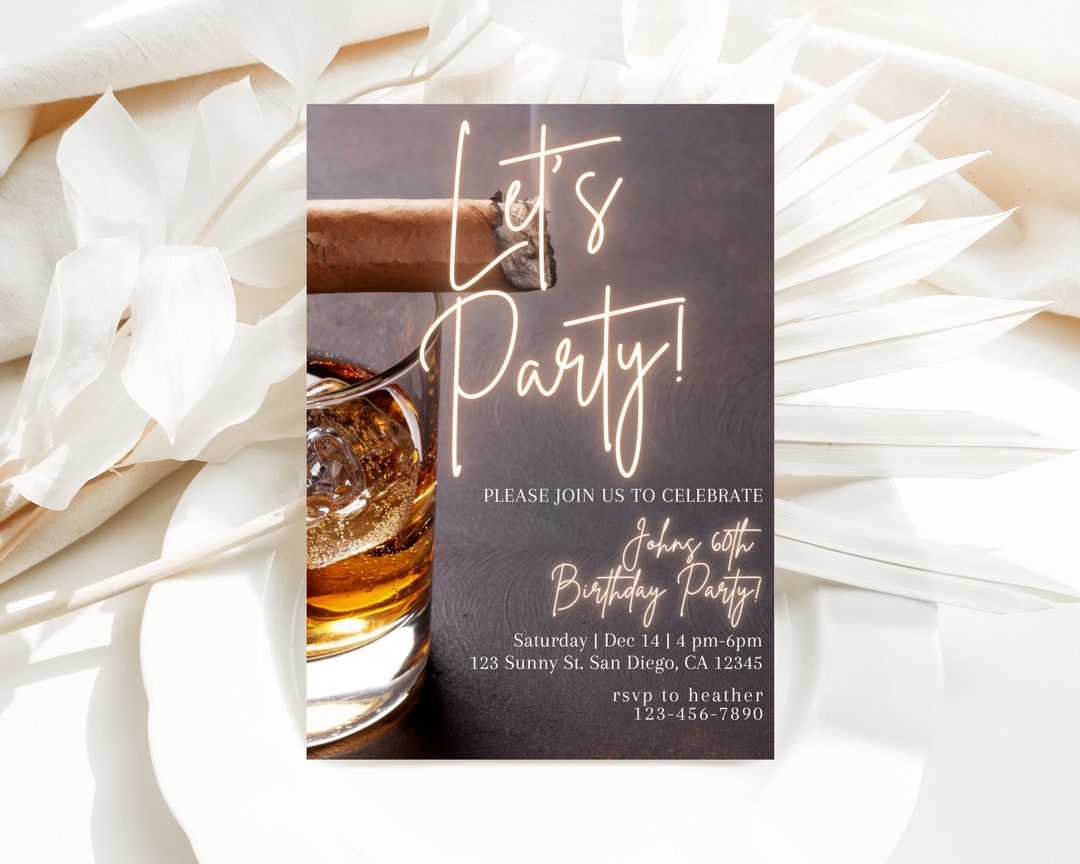 Whiskey Party Birthday Invitation, Cigars and Whiskey Invite, Digital ...
