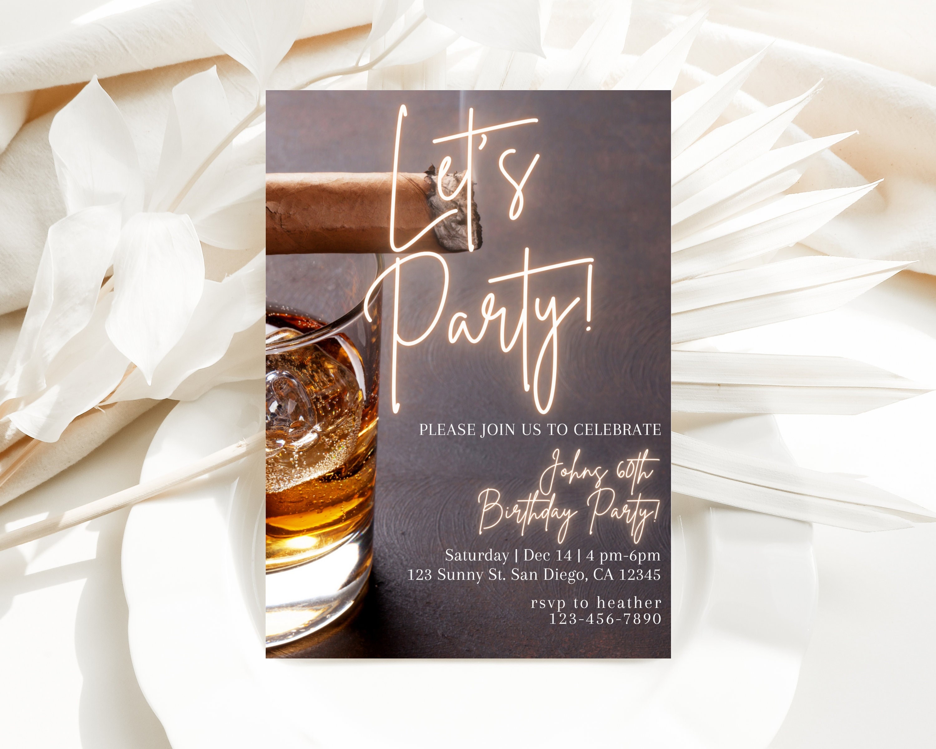 Whiskey Party Birthday Invitation, Cigars and Whiskey Invite, Digital ...