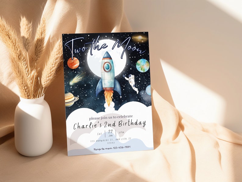 EDITABLE Two the Moon Birthday Invitation, Outer Space 2nd Birthday ...
