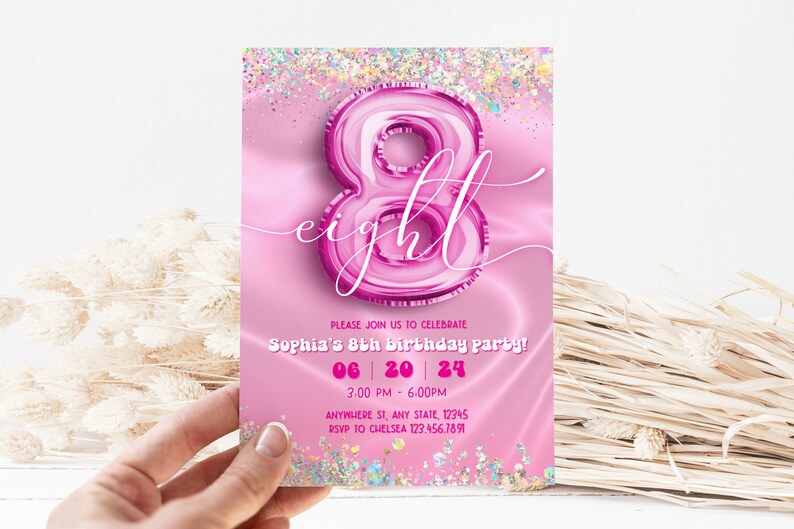 Editable 8th Birthday Invitation With Photo, Glitter Foil Balloon ...
