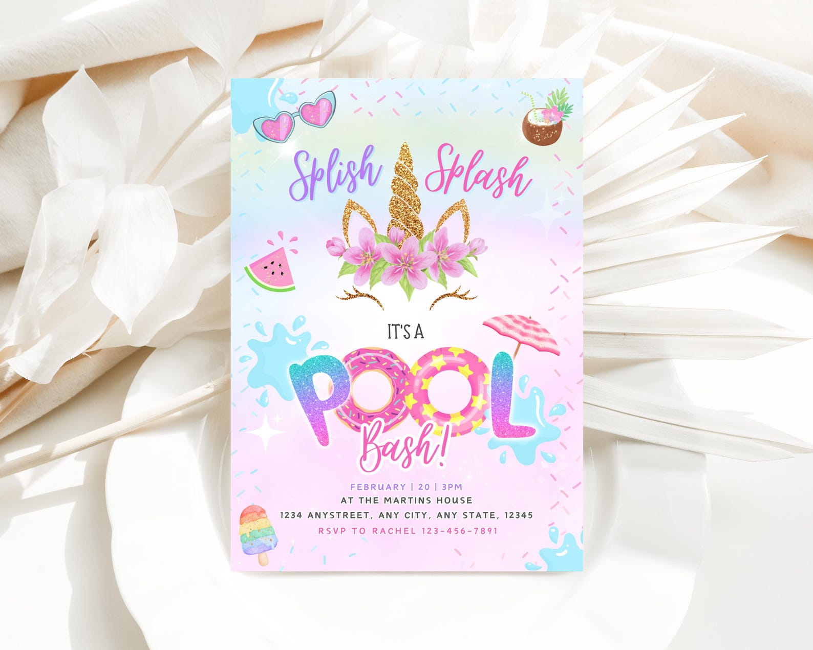 Pool Party Invitation Girl, Pool Party Unicorn Invitation, Digital ...