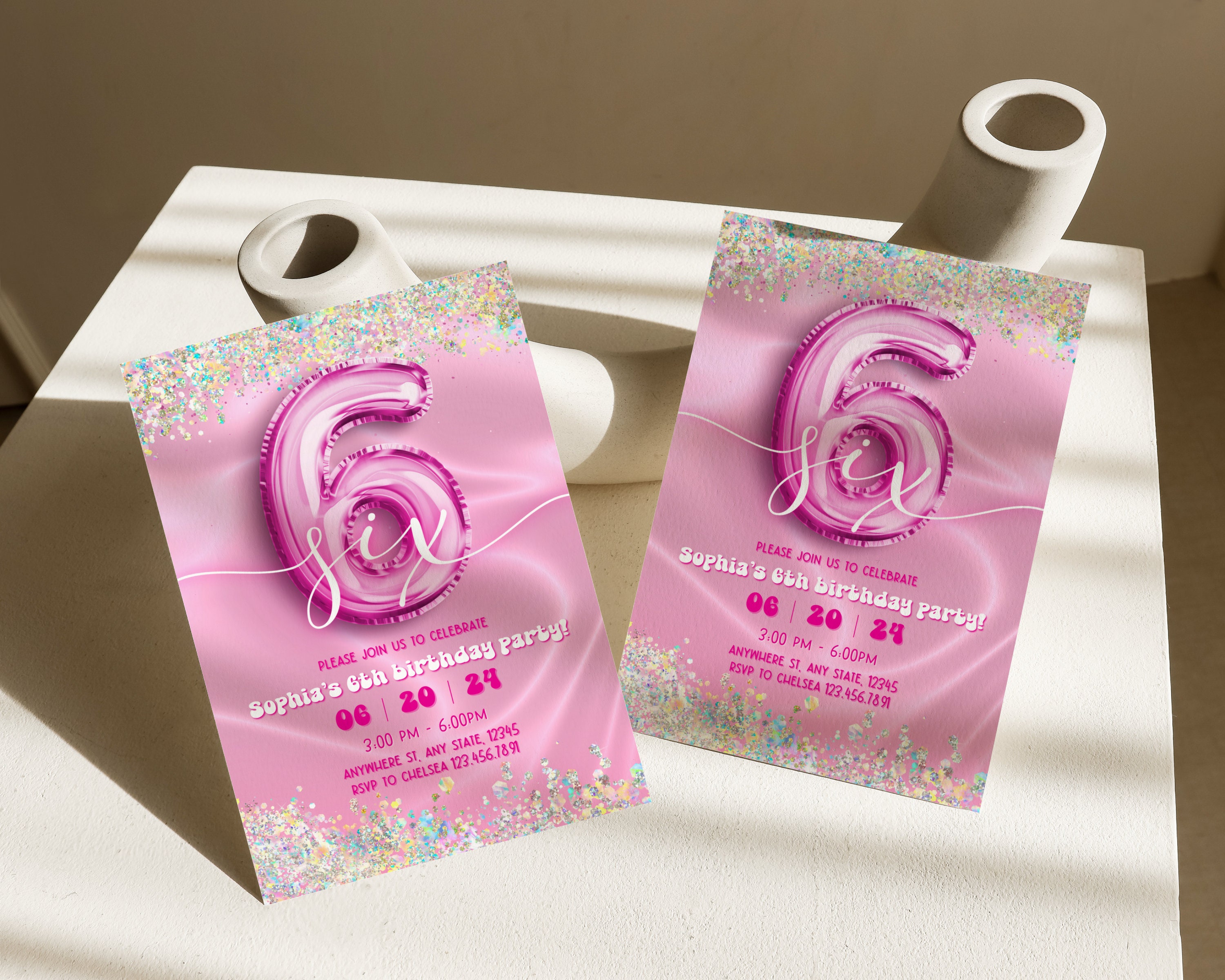 Editable 6th Pink Birthday Invitation, Glitter Balloon Birthday Party ...