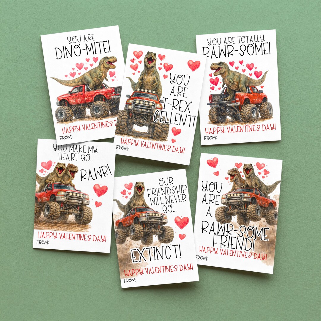 Dinosaur Valentine's Day Cards for Kids, Monster Truck T Rex Kids ...