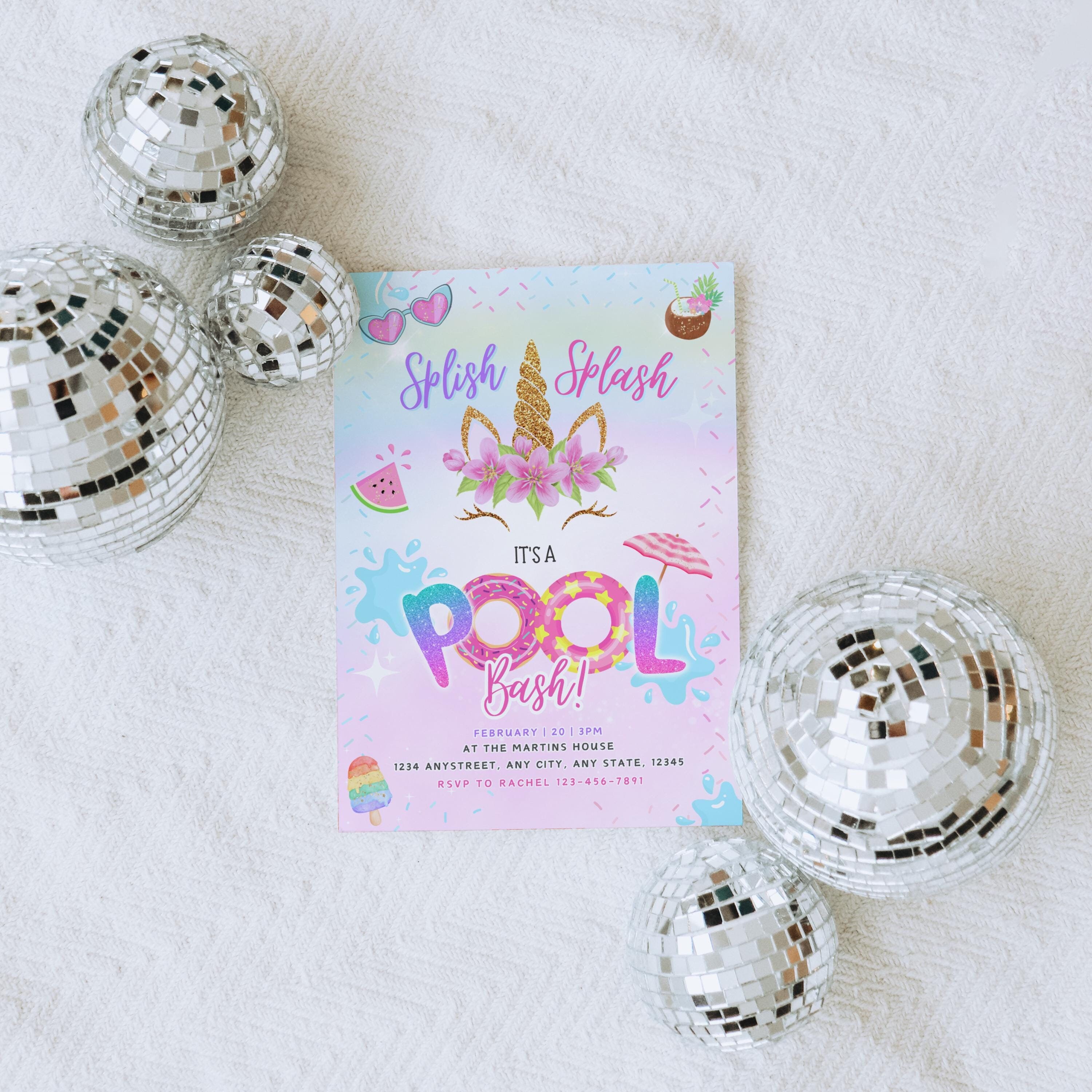 Pool Party Invitation Girl, Pool Party Unicorn Invitation, Digital ...
