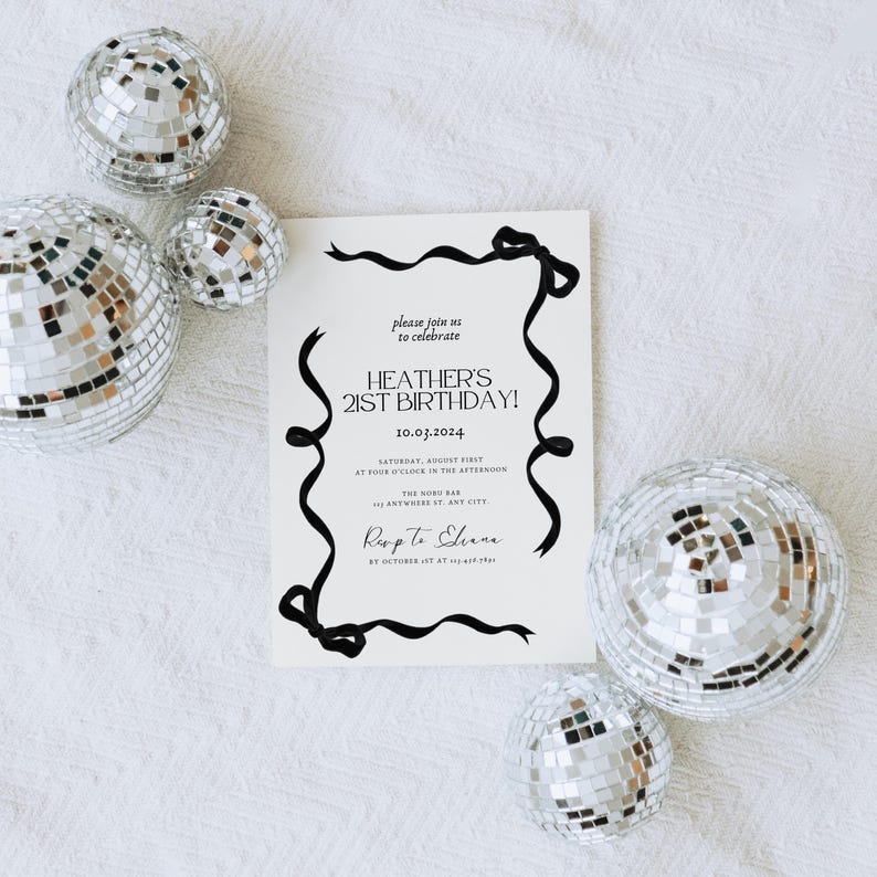 Self Editable Modern Birthday Party Invitation, Bow Invitation, 21st ...