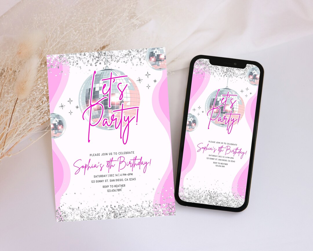 Glitter Disco Party Invite, Disco Party Invite, Digital Invite, Girl ...