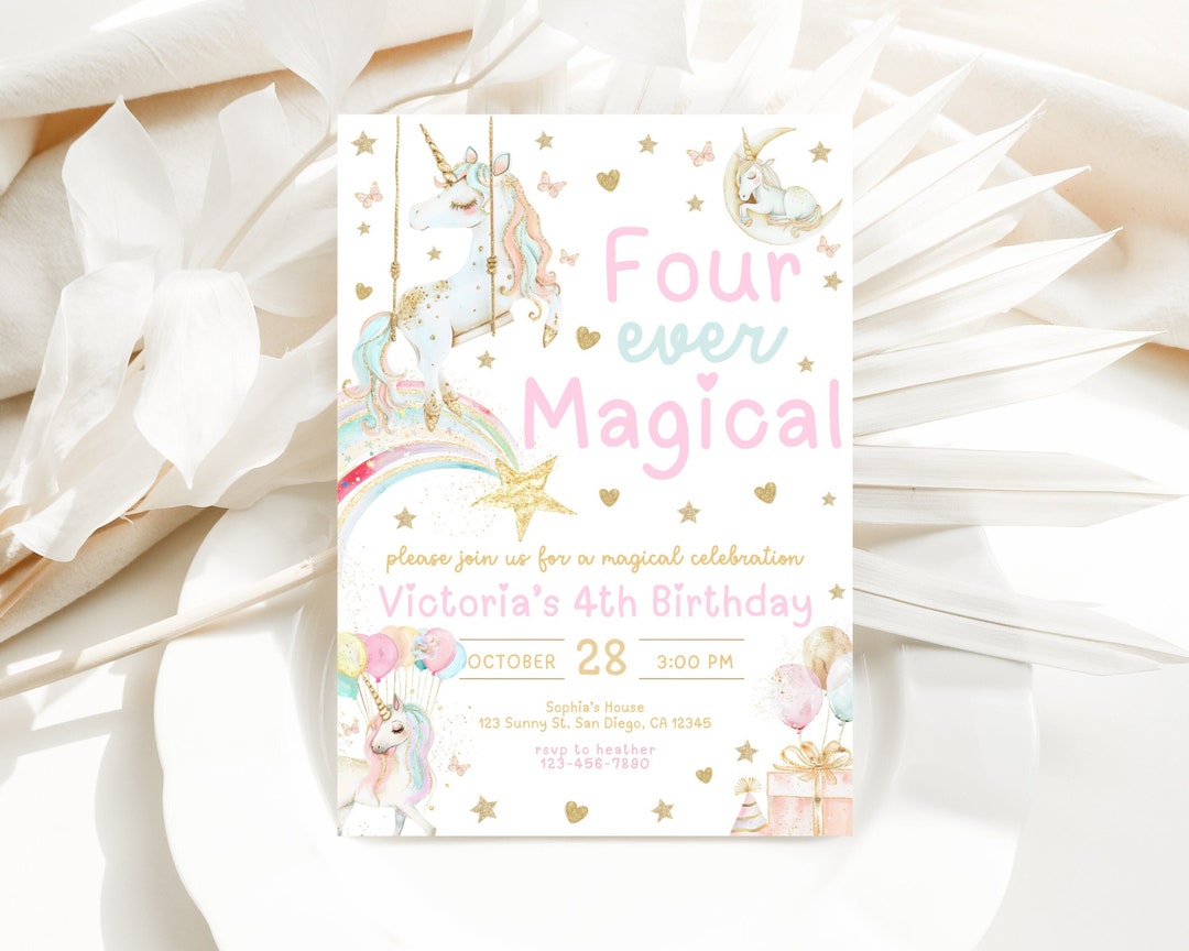 Unicorn Birthday Invitation, Unicorn 4th Birthday Invitation, Four Ever ...