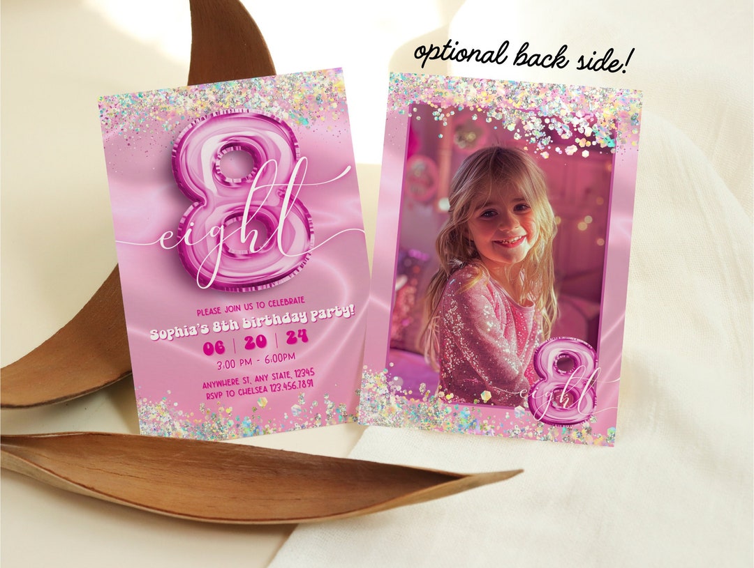 Editable 8th Birthday Invitation With Photo, Glitter Foil Balloon ...