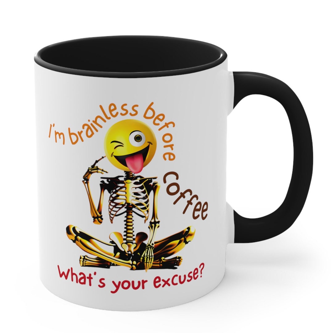 Happy Face Emoji, Brainless Skeleton, Two Tone Ceramic, Coffee Mug ...