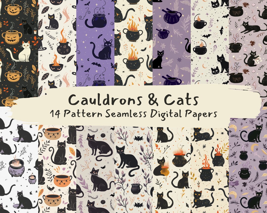 Cauldrons & Cats Pattern Seamless Digital Papers - Printable Scrapbook ...