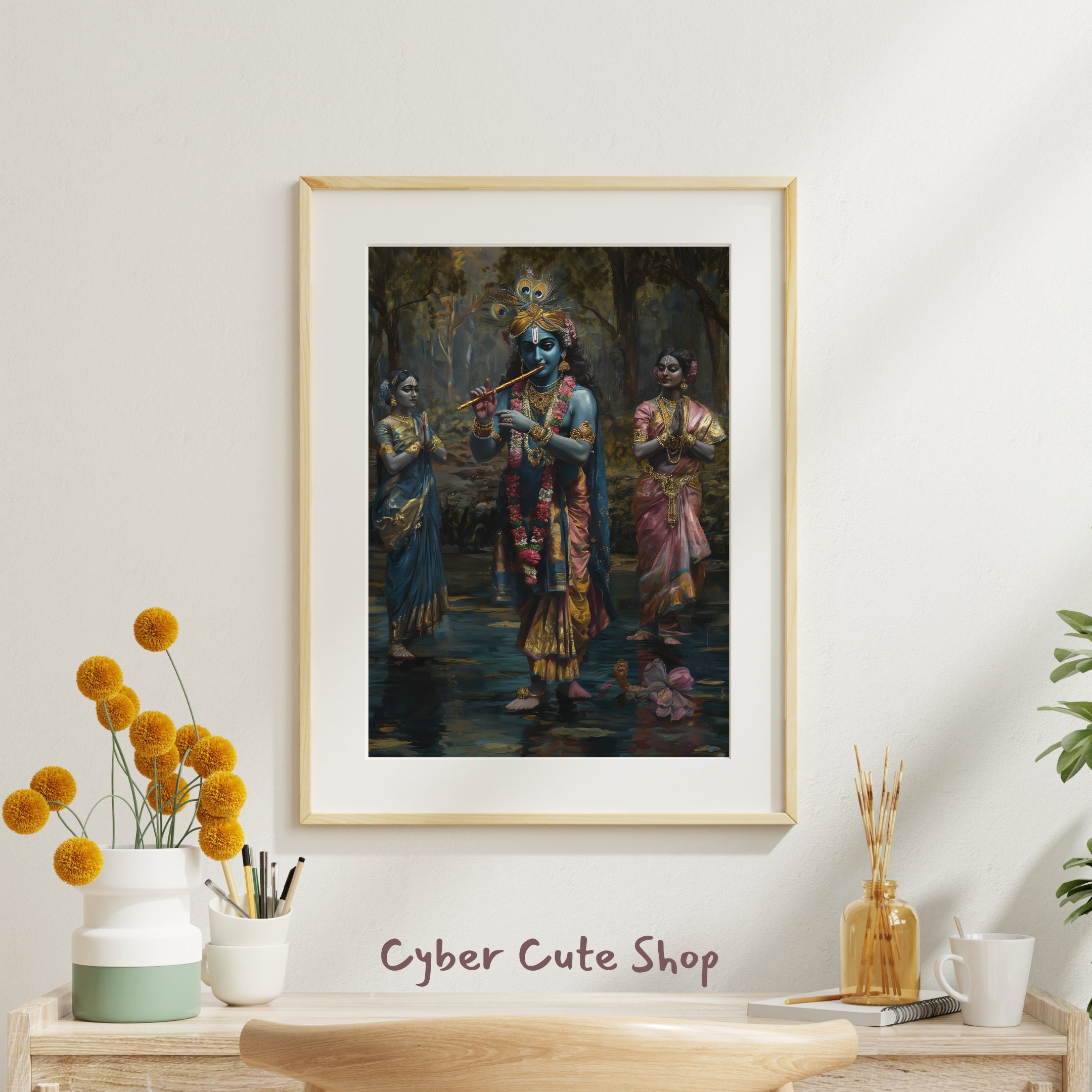 Divine Melody Krishna Playing Flute Digital Art | Ethereal Printable ...