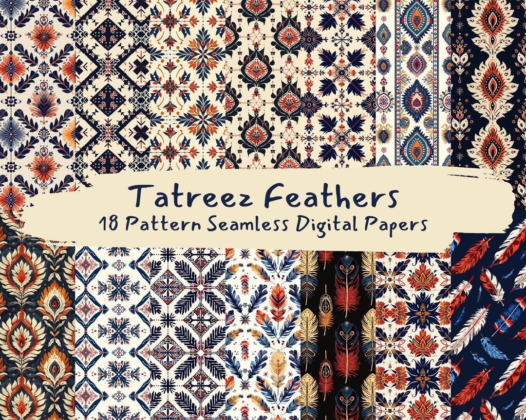 Tatreez Feathers Pattern Seamless Digital Papers - Printable Scrapbook Paper Png Instant ...