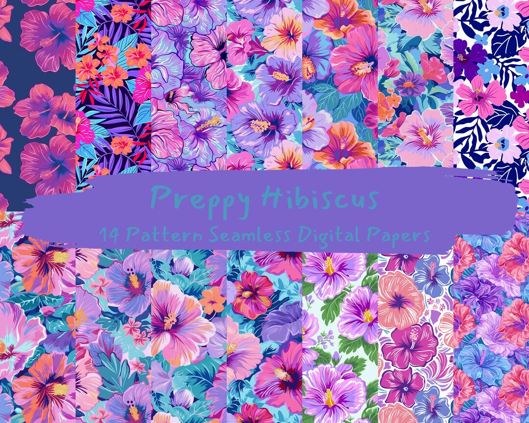 Preppy Hibiscus Pattern Seamless Digital Papers - Printable Scrapbook ...