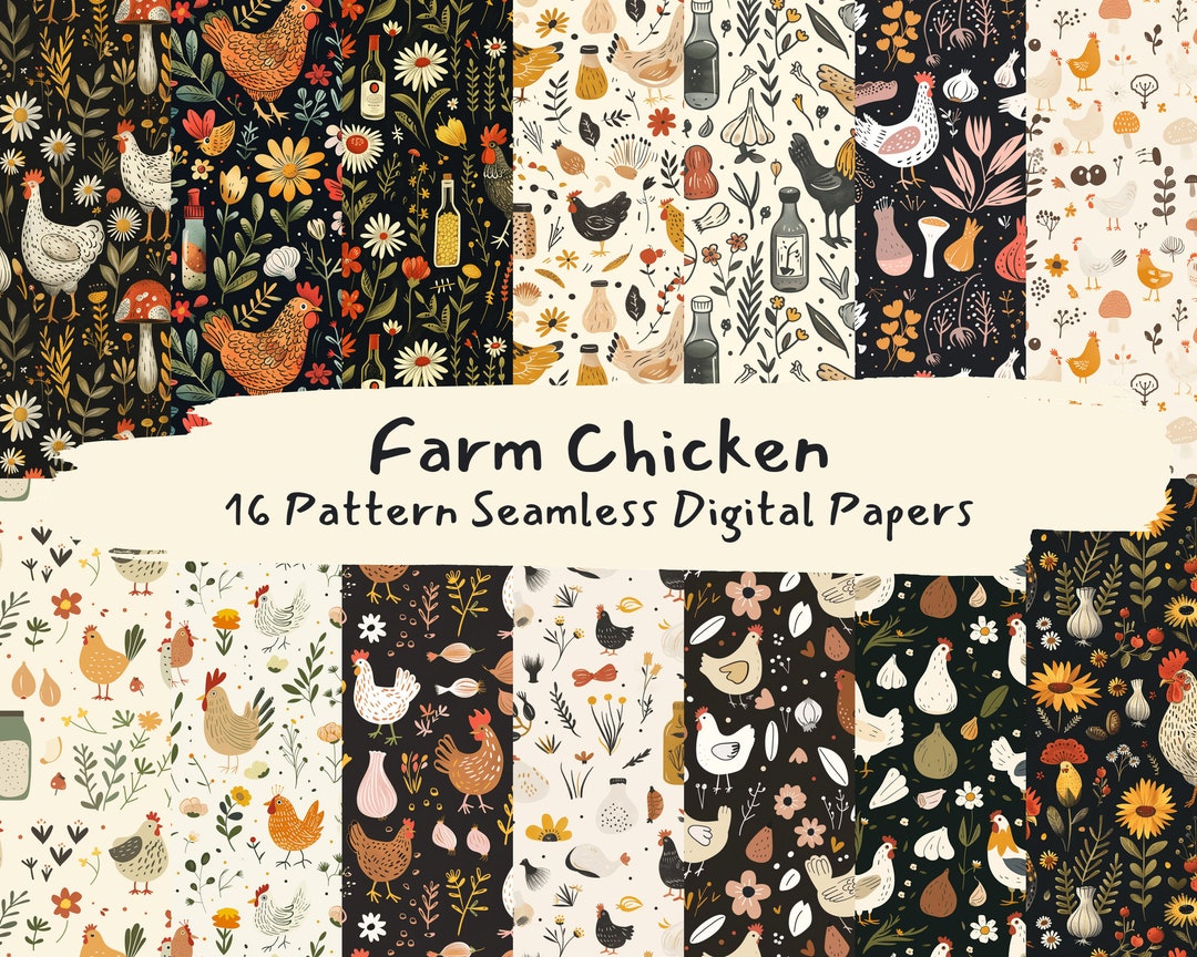 Farm Chicken Pattern Seamless Digital Papers - Printable Scrapbook ...