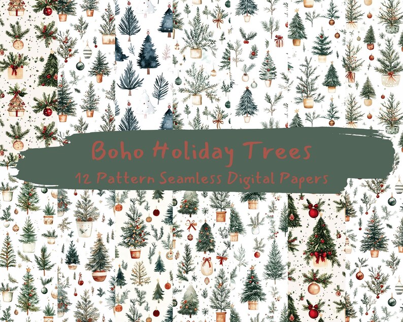 Boho Holiday Trees Pattern Seamless Digital Papers - Printable ...