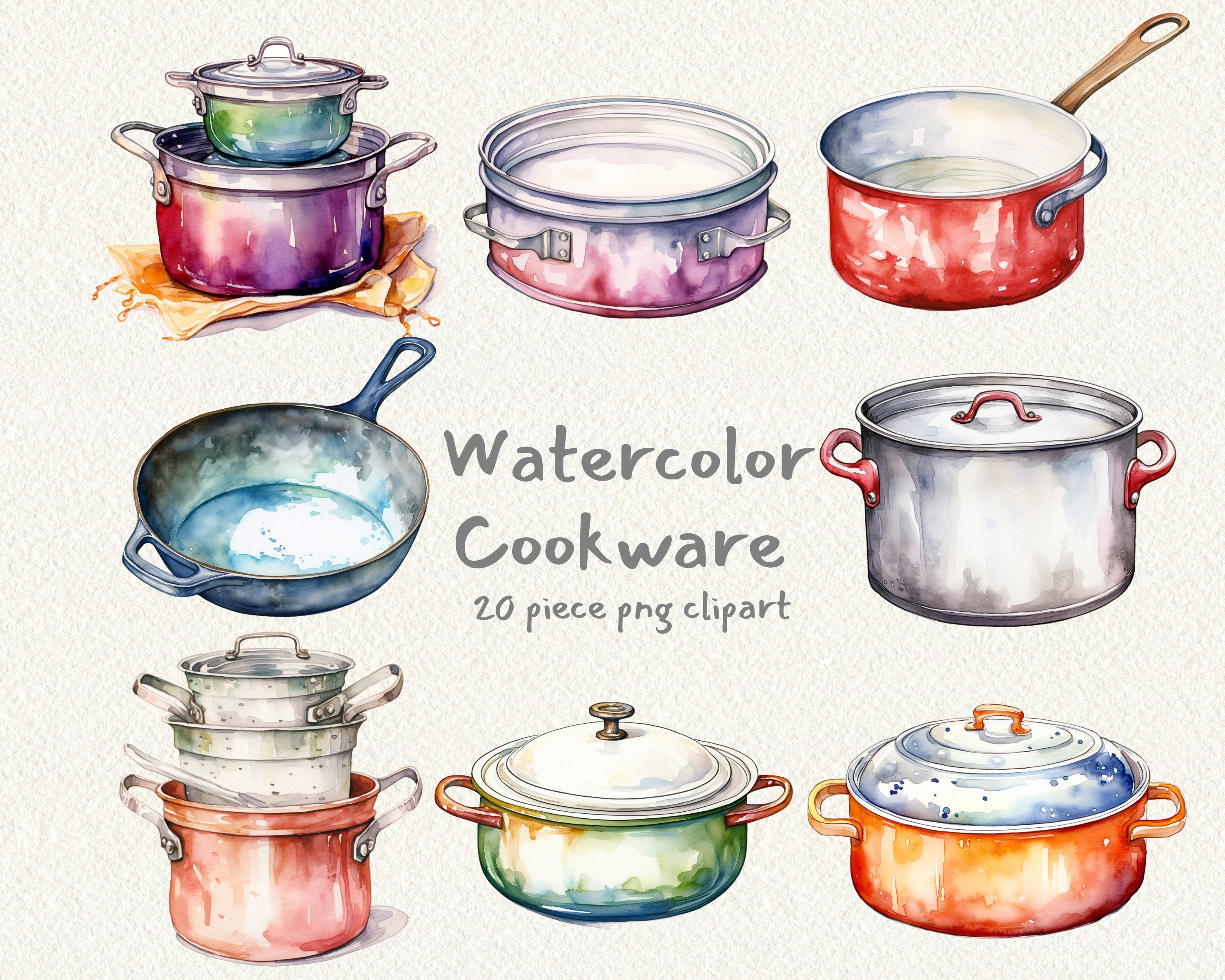 Watercolor Cookware Digital Printable Clipart Bundle in PNG Format ...