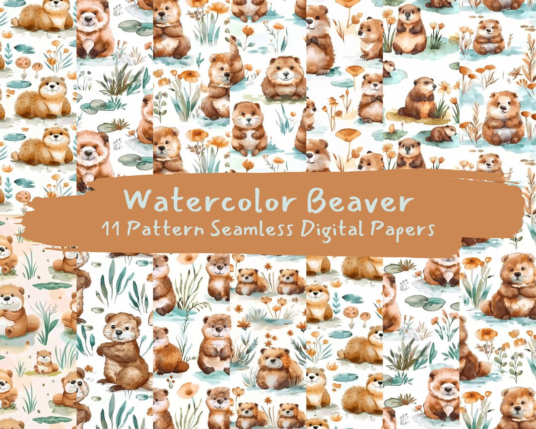 Watercolor Beaver Pattern Seamless Digital Papers - Printable Scrapbook ...