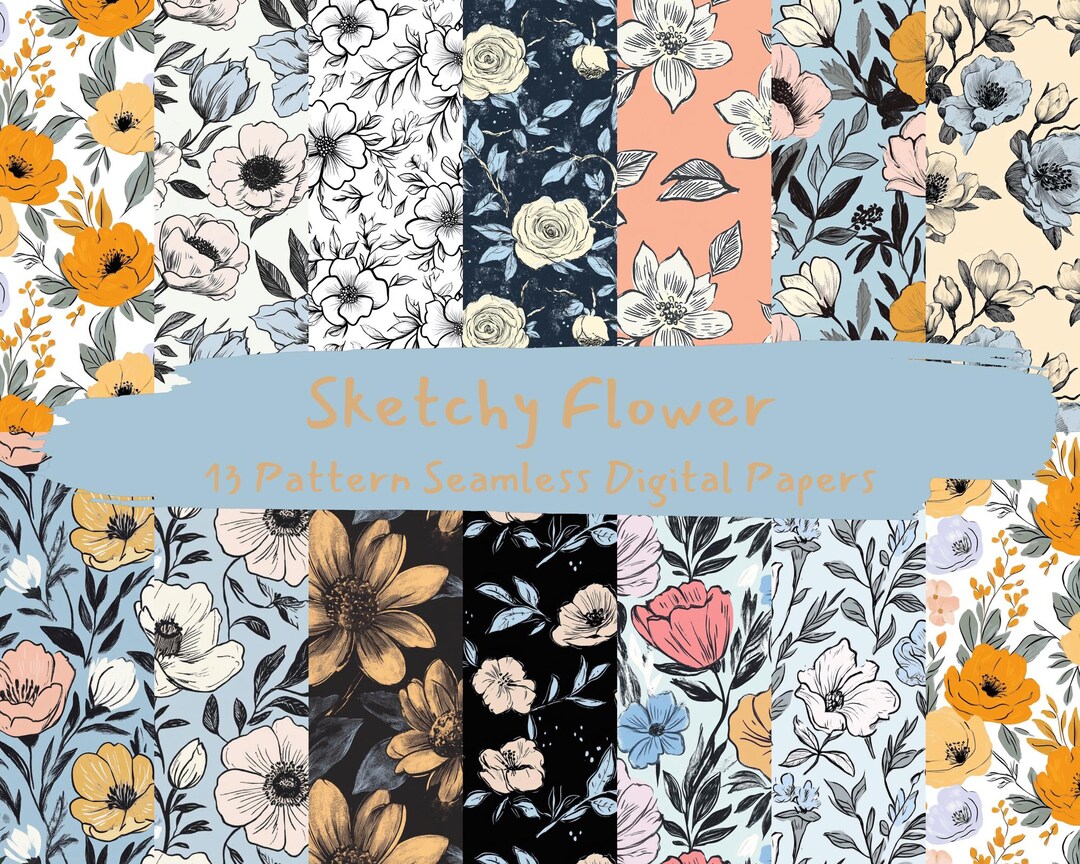 Sketchy Flower Pattern Seamless Digital Papers - Printable Scrapbook ...