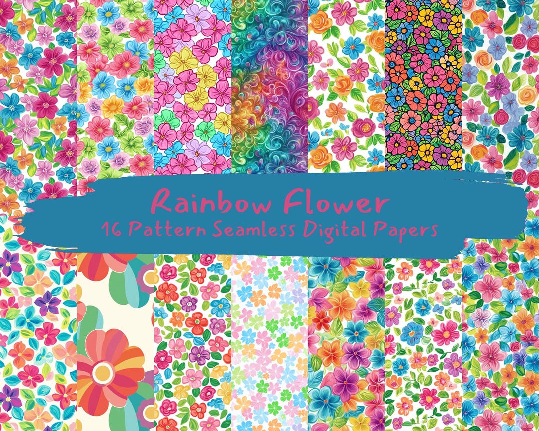 Rainbow Flower Pattern Seamless Digital Papers - Printable Scrapbook ...