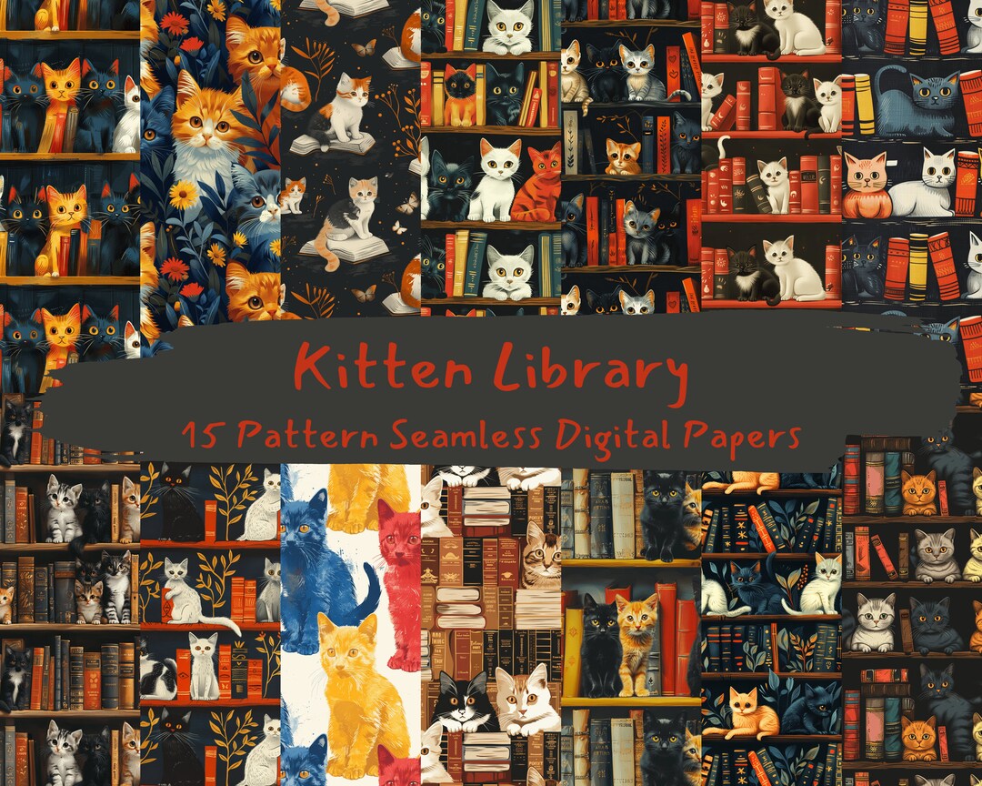 Kitten Library Pattern Seamless Digital Papers - Printable Scrapbook ...
