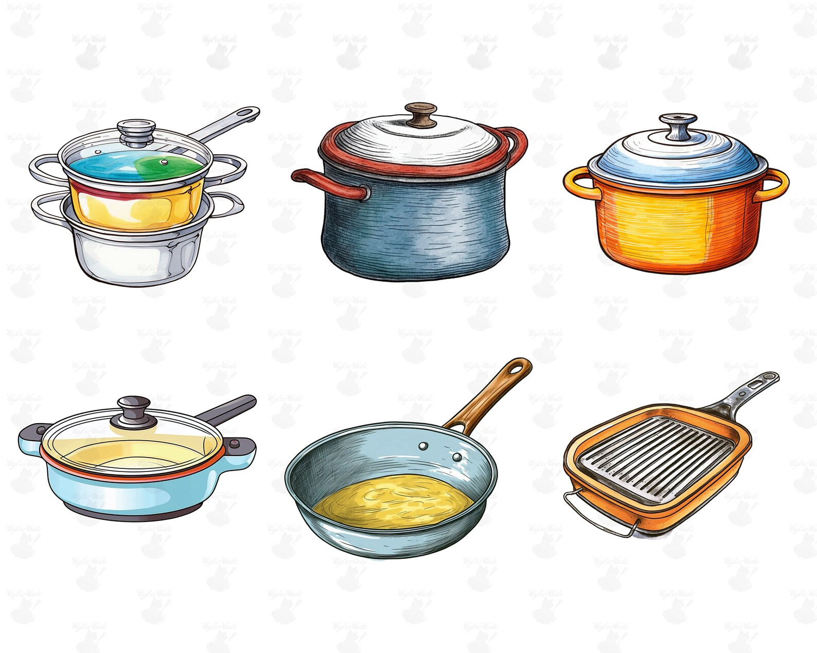 Doodle Cookware, Digital Printable Clip Art Graphics in PNG Format ...