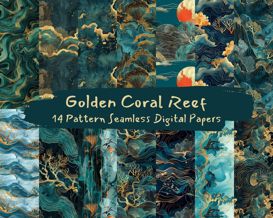 Golden Coral Reef Pattern Seamless Digital Papers - Printable Scrapbook ...