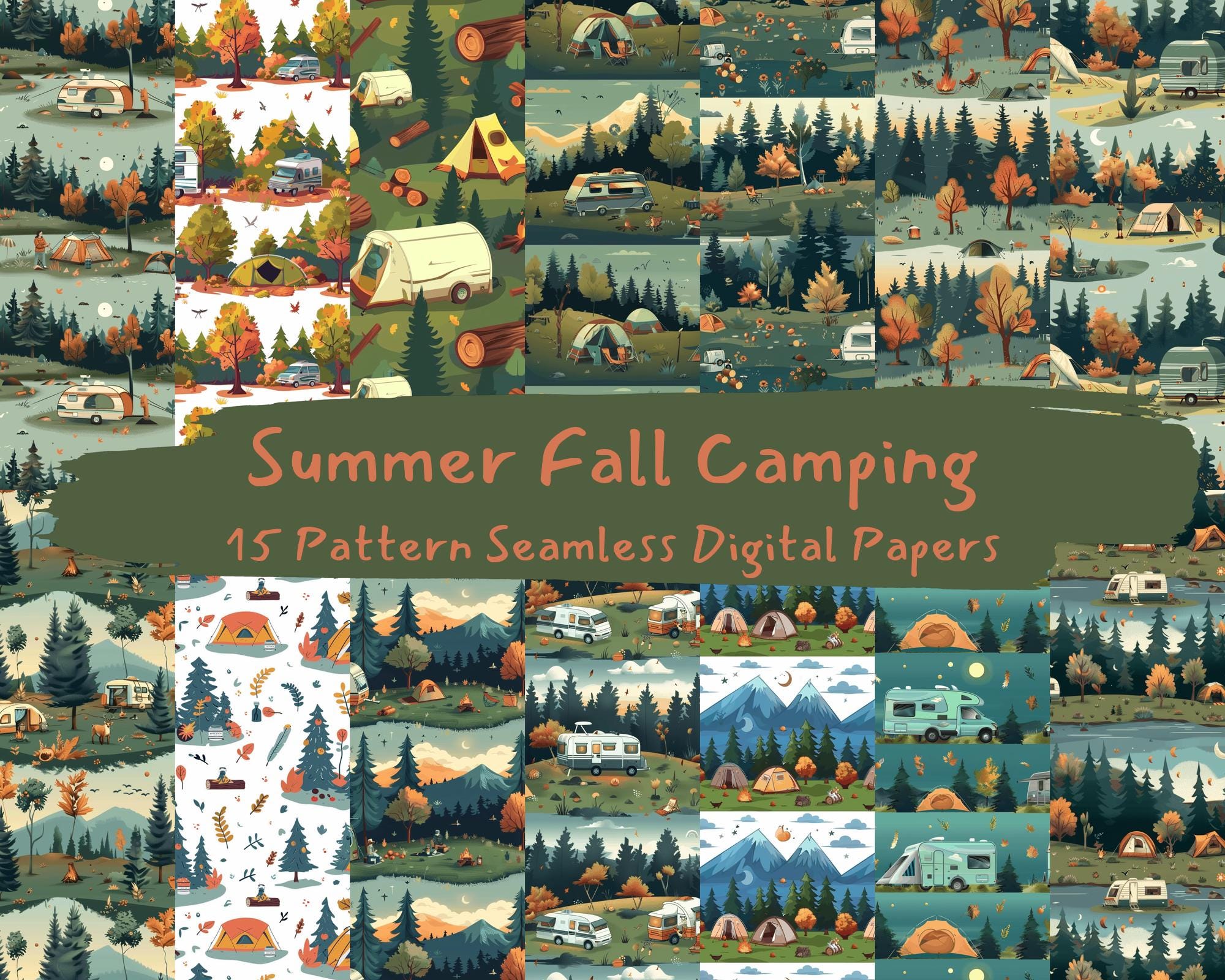 Summer Fall Camping Pattern Seamless Digital Papers - Printable ...