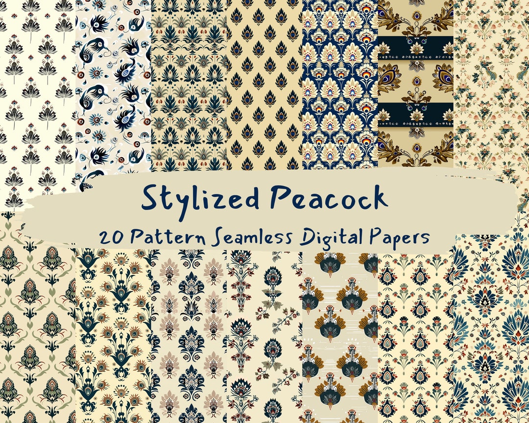 Stylized Peacock Pattern Seamless Digital Papers - Printable Scrapbook ...